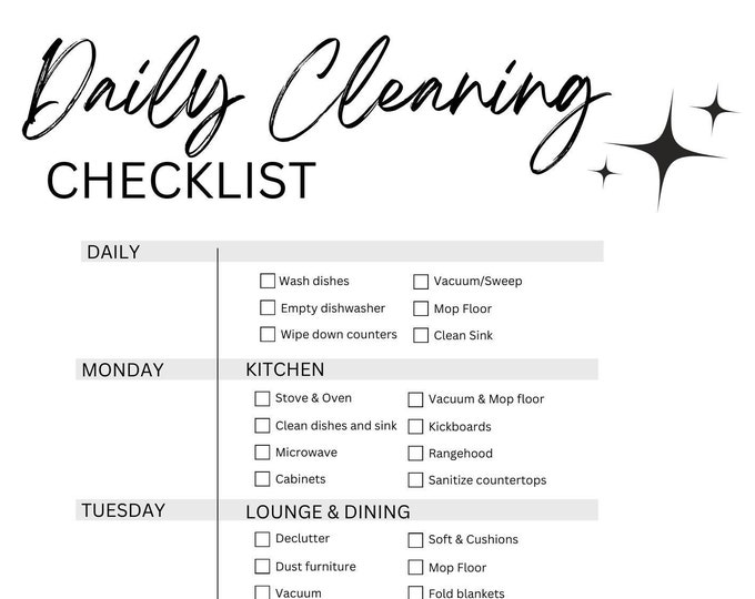 Weekly Cleaning Checklist - Focus on One Zone a Day - Etsy