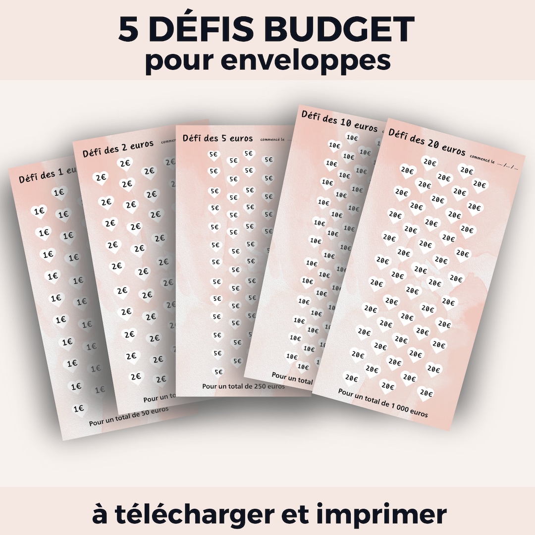 Défis budget / 5 Enveloppes format A6 / Défis budgétaire / Tracker Défi / Ensemble défis budget ...
