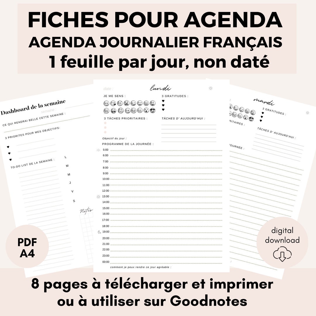 Daily Diary to Print in French PDF A4 Format, Undated One Page per Day ...