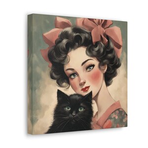 Vintage Style Girl & Her Cat Canvas Art Girly Home Decor, Cat Lovers ...