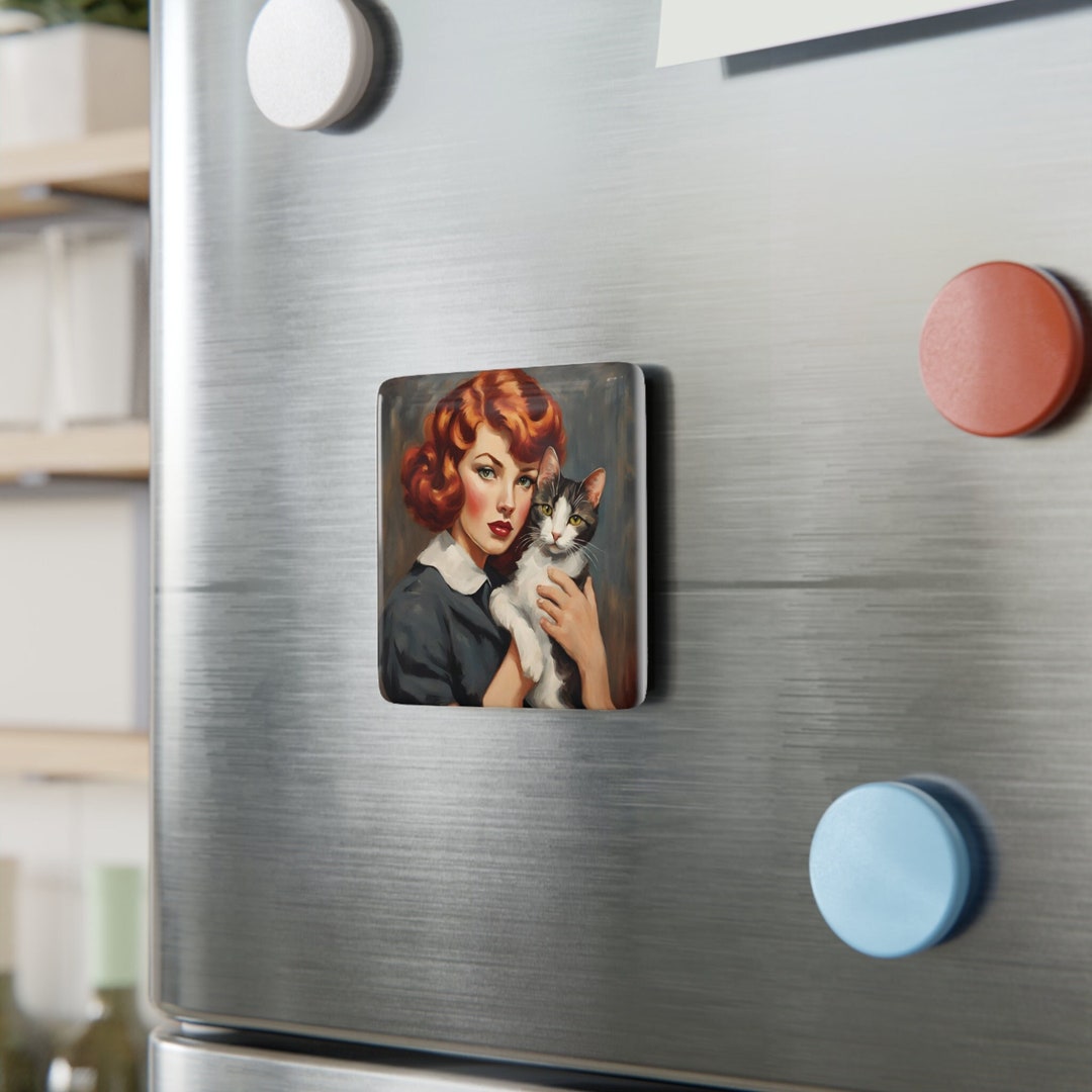 Retro Girl & Her Cat Porcelain Magnet Cat Mom Gift, Crazy Cat Lady, Red ...