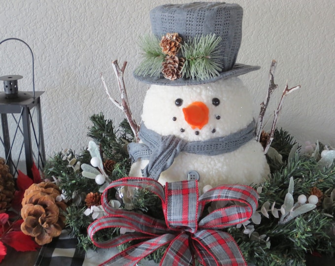 Gray and White Snowman Centerpiece, Pine and Pinecone Arrangement for ...