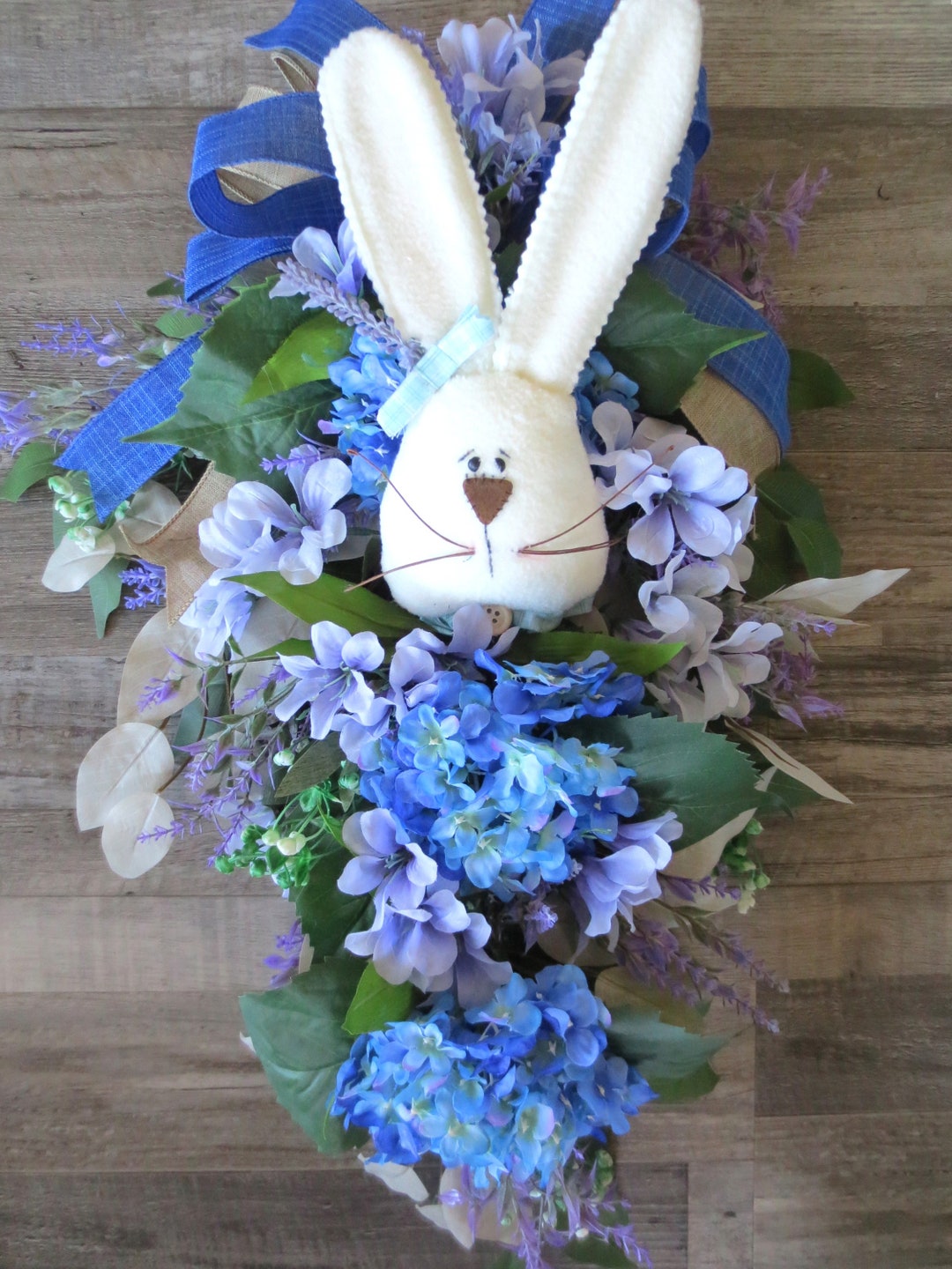 Blue and Purple Hydrangea Swag, Bunny Easter Teardrop, Front Door Swag ...