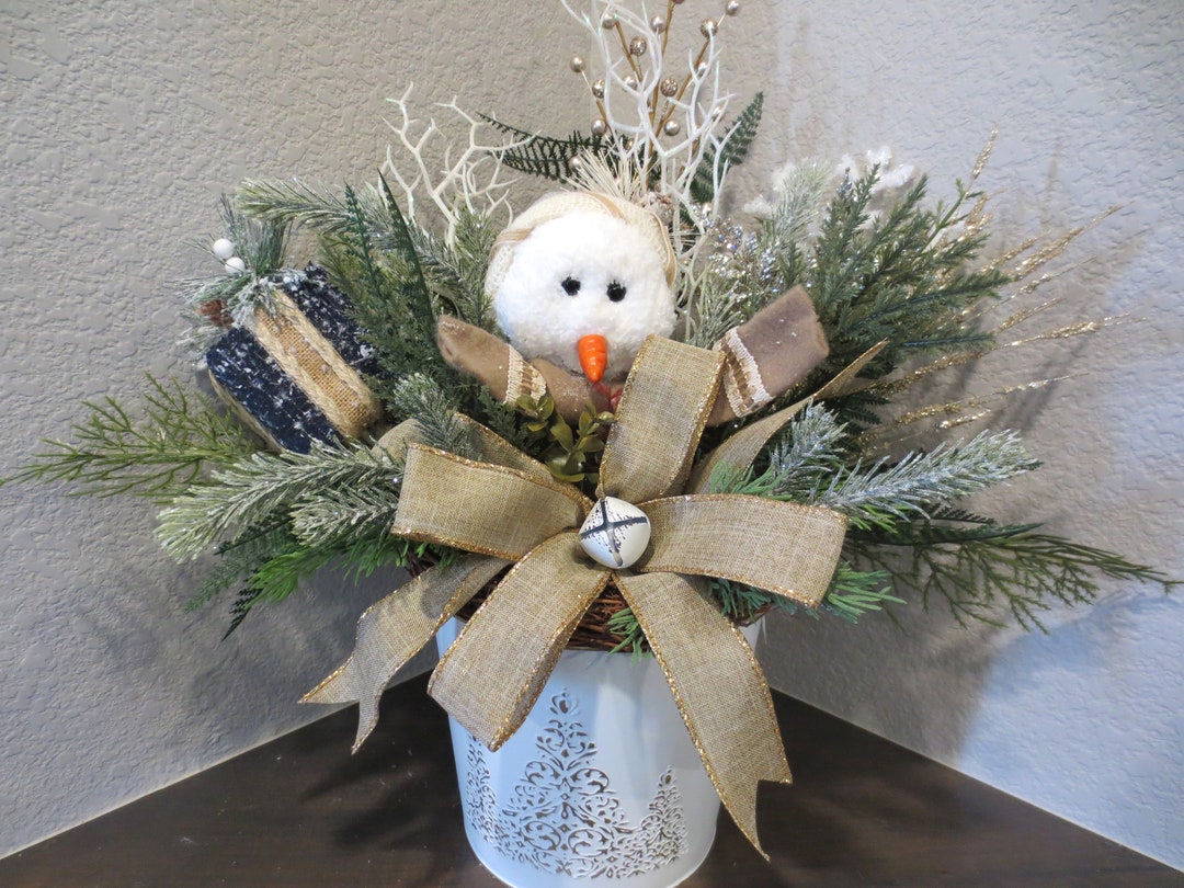 Tan Snowman Table Centerpiece, Christmas and Winter Pine Arrangement ...