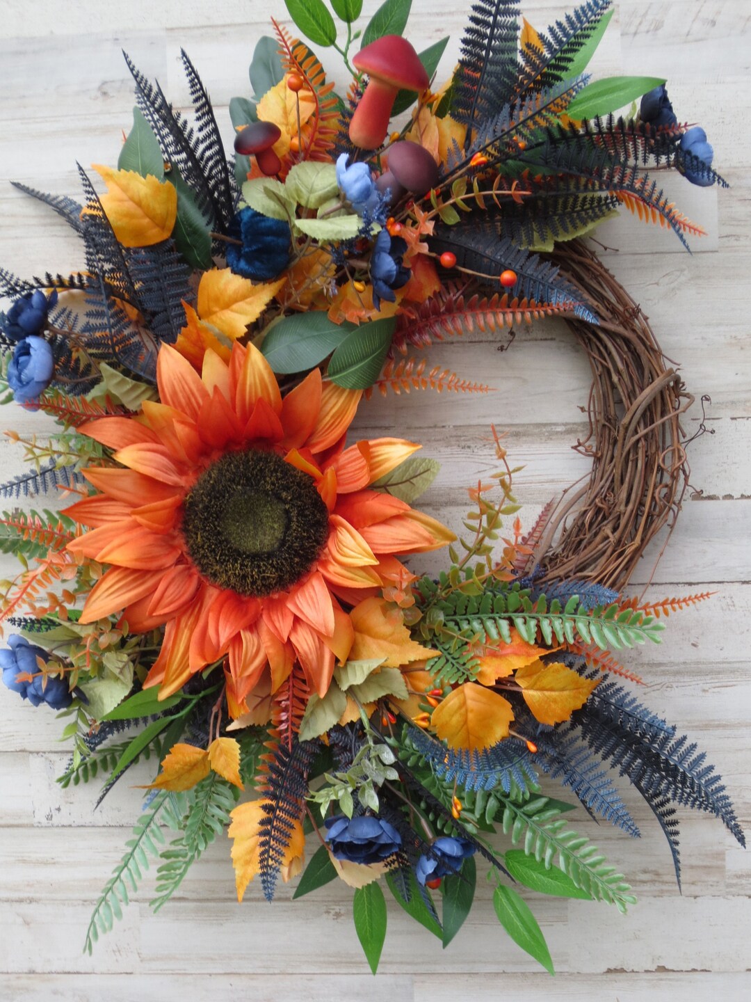 Blue and Orange Fall Wreath, Fall Foliage Wreath, Greenery Entryway ...