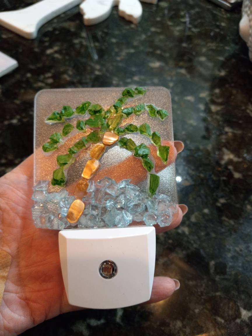 Coastal Palm Tree and Seaglass Nightlight With Light Sensor. - Etsy