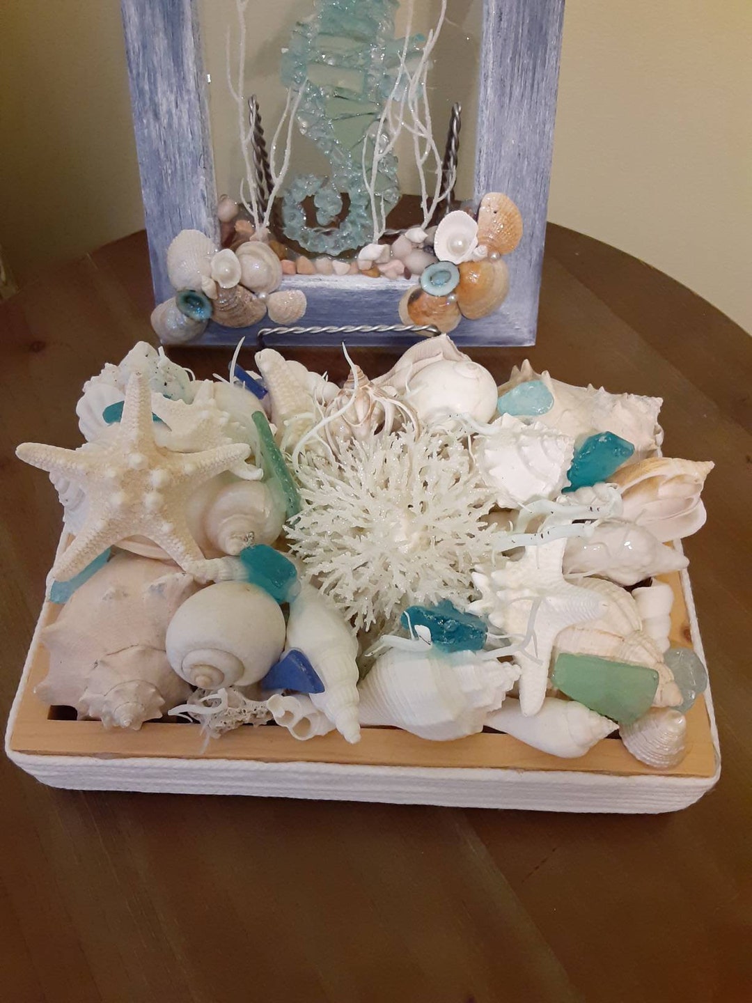 Seashell Centerpiece With Seaglass in a Wood Base Accented With Rope ...