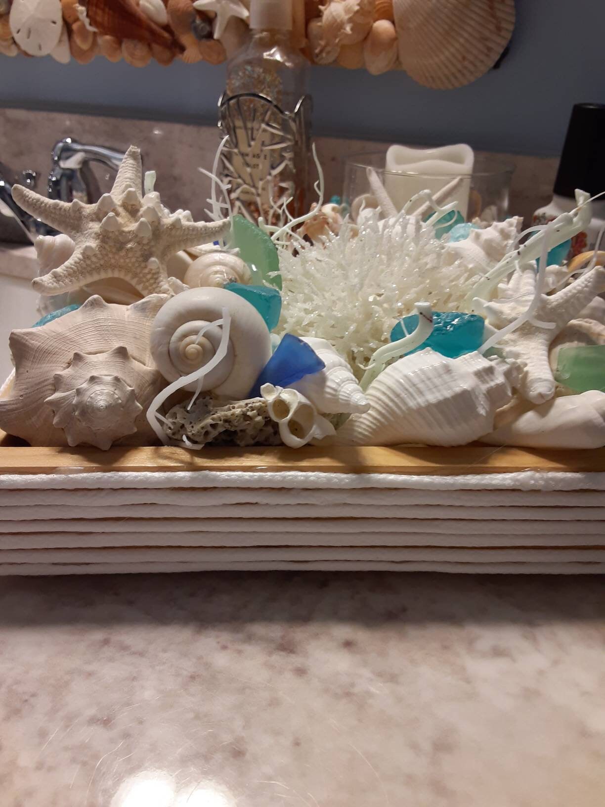 Seashell Centerpiece With Seaglass in a Wood Base Accented With Rope ...