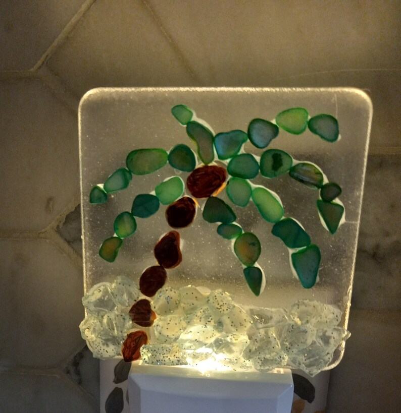 Coastal Palm Tree and Seaglass Nightlight With Light Sensor. - Etsy