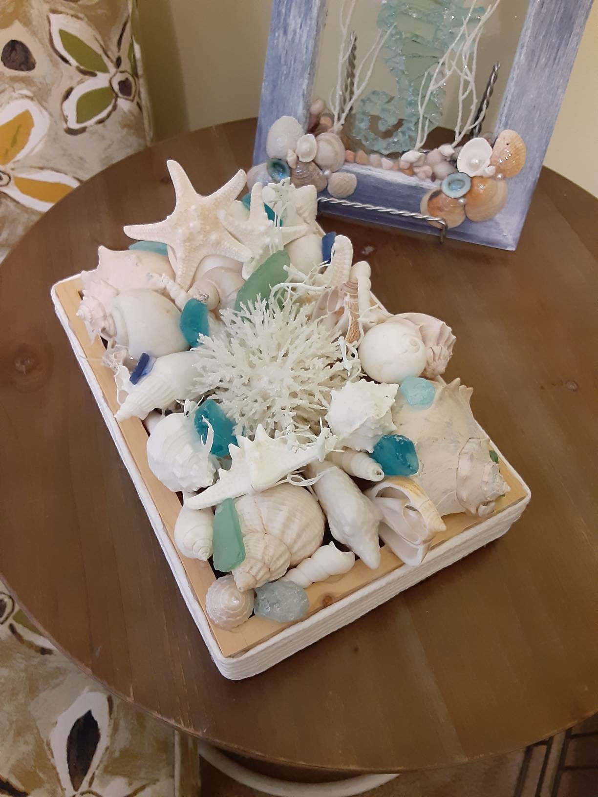 Seashell Centerpiece With Seaglass in a Wood Base Accented With Rope ...