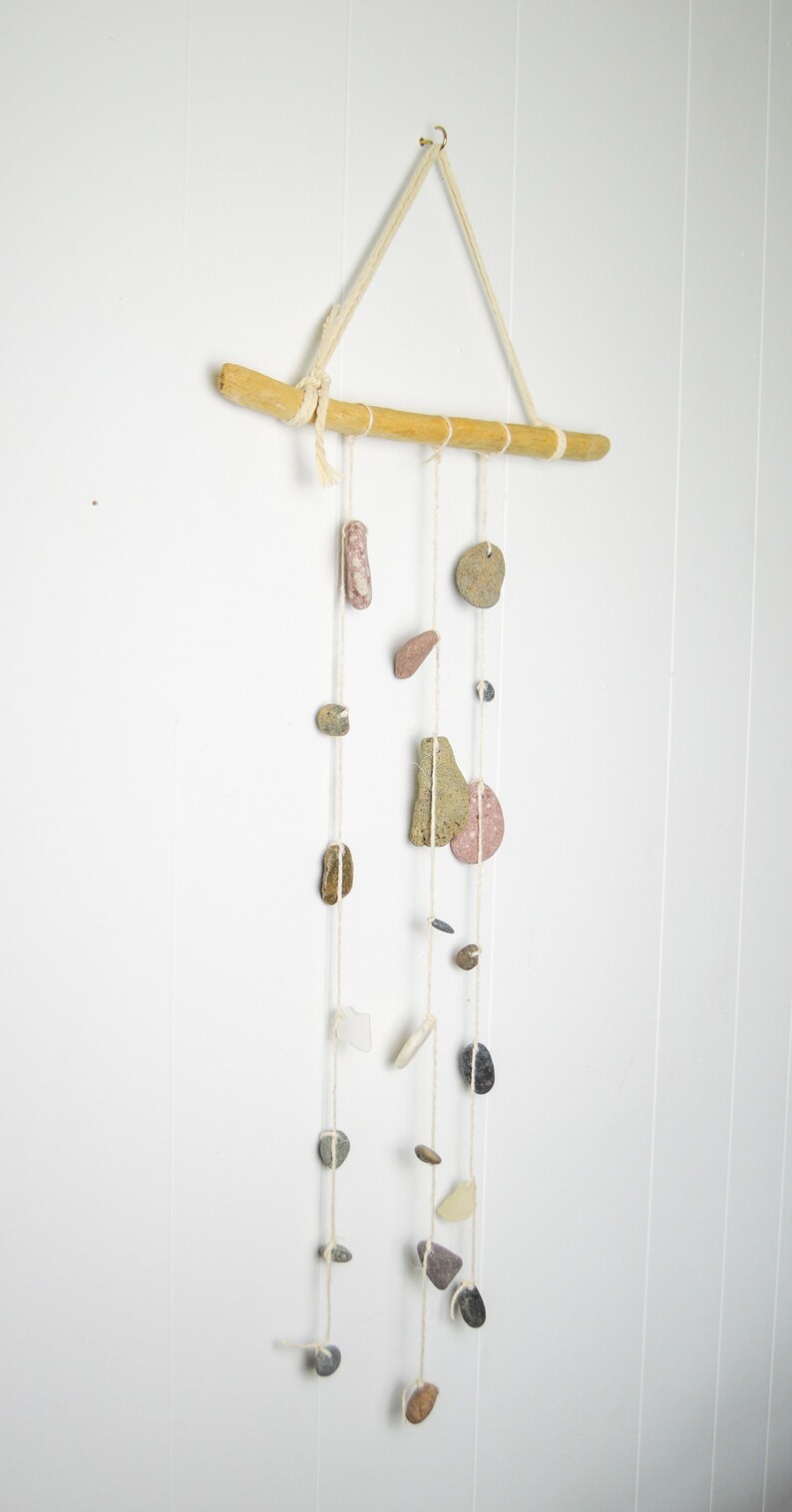 Rock Wall Hanging, Lake House Wall Art, Driftwood and Sea Glass, Rustic ...