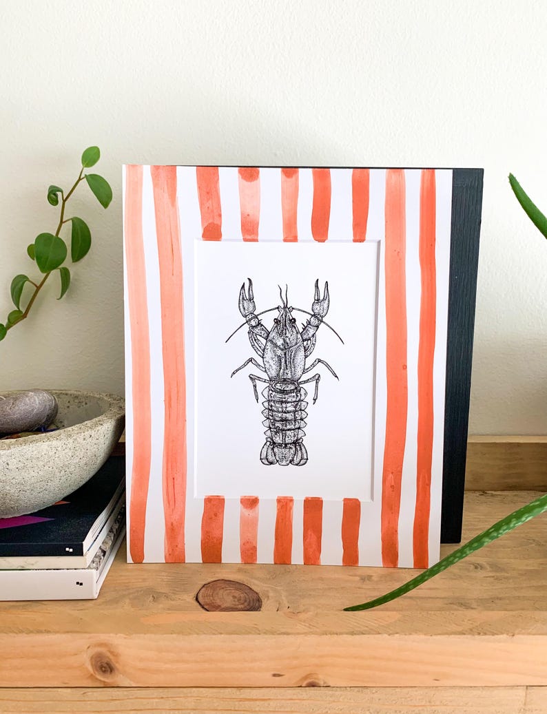 Lobster Print, Nature Drawing, Crayfish Prints, Matted Artwork, Hand ...