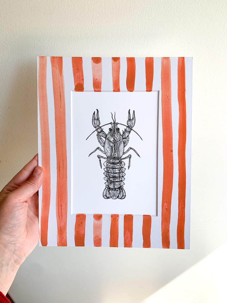 Lobster Print, Nature Drawing, Crayfish Prints, Matted Artwork, Hand ...