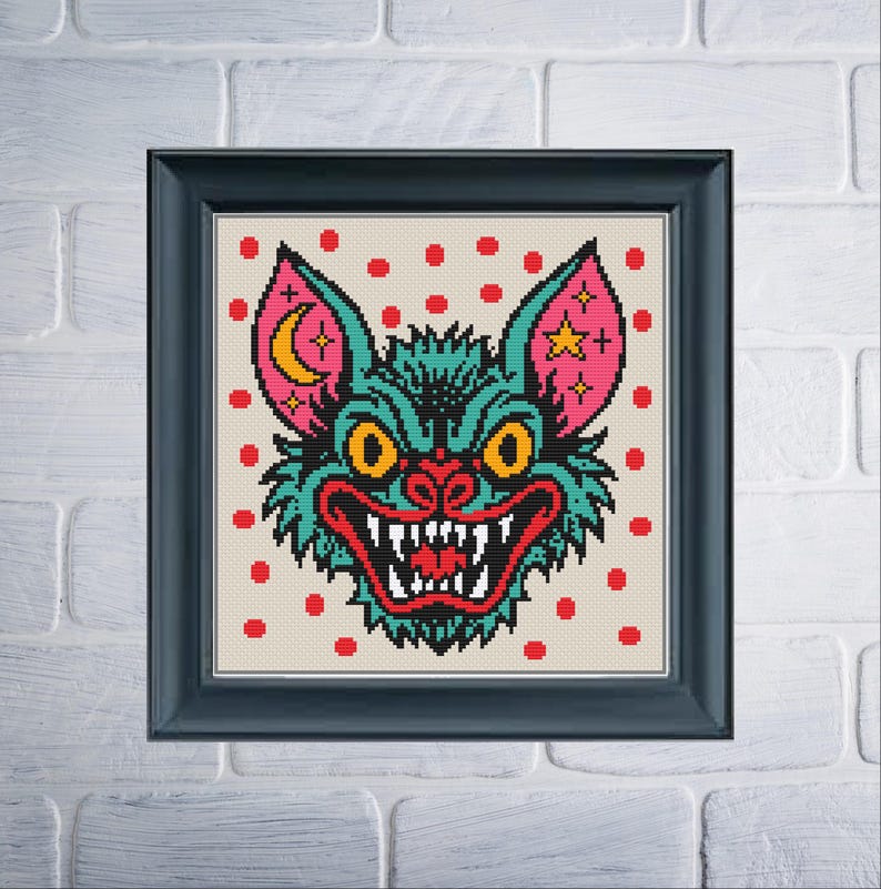 Lowbrow Bat Cross Stitch Pattern PDF | Punk Tattoo Style Halloween ...