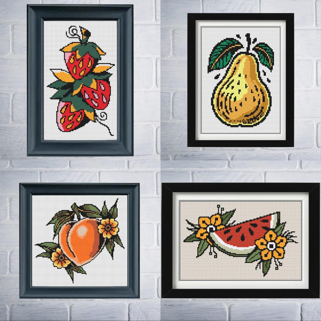 Set of 4 Fruit Cross Stitch Patterns - Peach Cross Stitch - Watermelon ...