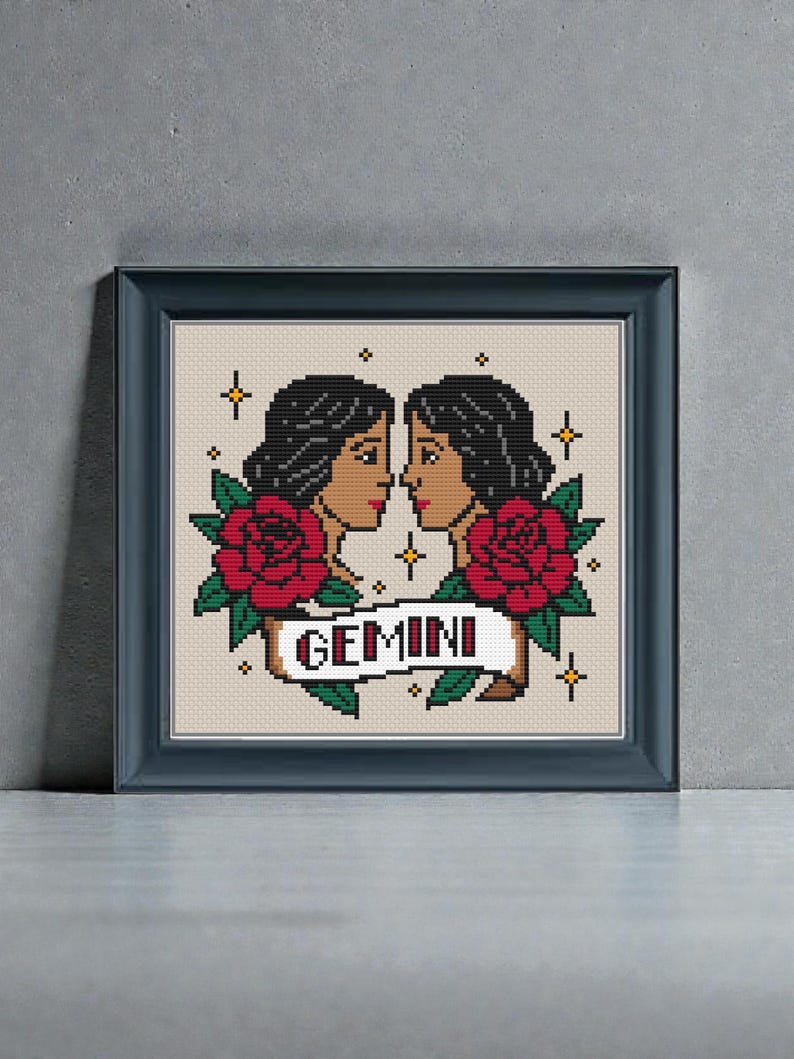 Gemini Cross Stitch Pattern PDF | Zodiac Twins Tattoo Style | Modern ...