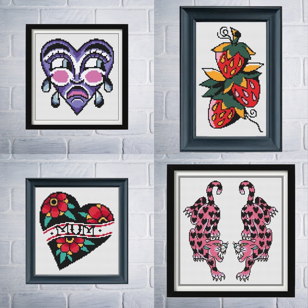PATTERN Set of 4 Love Cross Stitch Patterns - Tattoo Cross Stitch - Cat ...