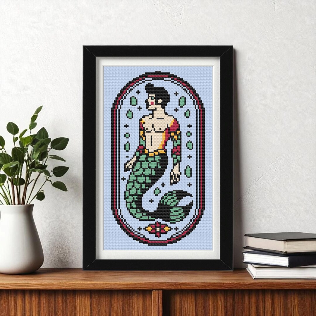 Tattoo Merman Cross Stitch Pattern PDF - Pretty Nautical Embroidery ...