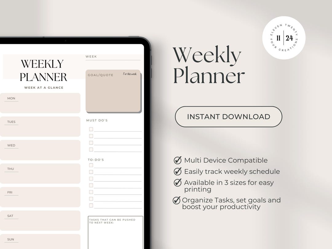 Weekly Planner Printable | Digital Weekly Schedule | Task Organizer ...