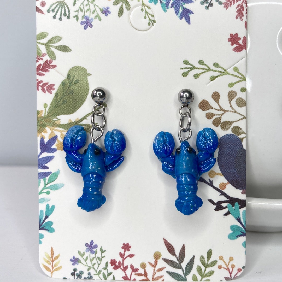 Blue Lobster Drop Earrings, Polymer Clay Lobster Earrings, Rare Blue ...