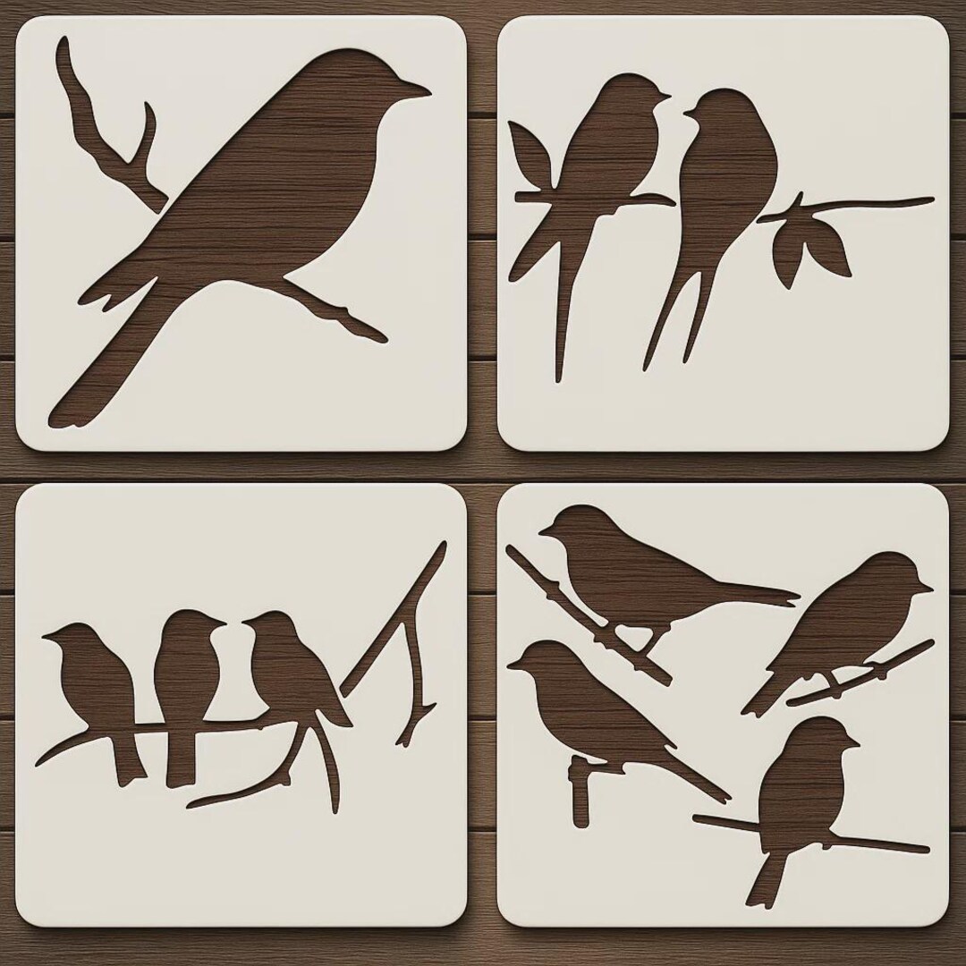 Birds on Branch Stencil Set | 4pcs 6x6" AI PSD Editable Templates | DIY ...