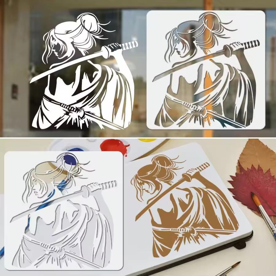 Female Samurai Stencil Template – 11.8" Reusable Stencil for Wall, Wood ...