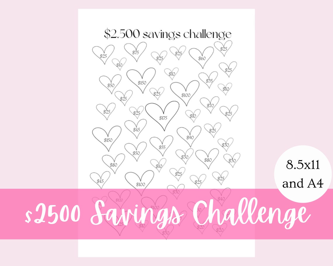 Printable Annual Savings Challenge 2,500 Hearts 52 Week Savings Tracker ...