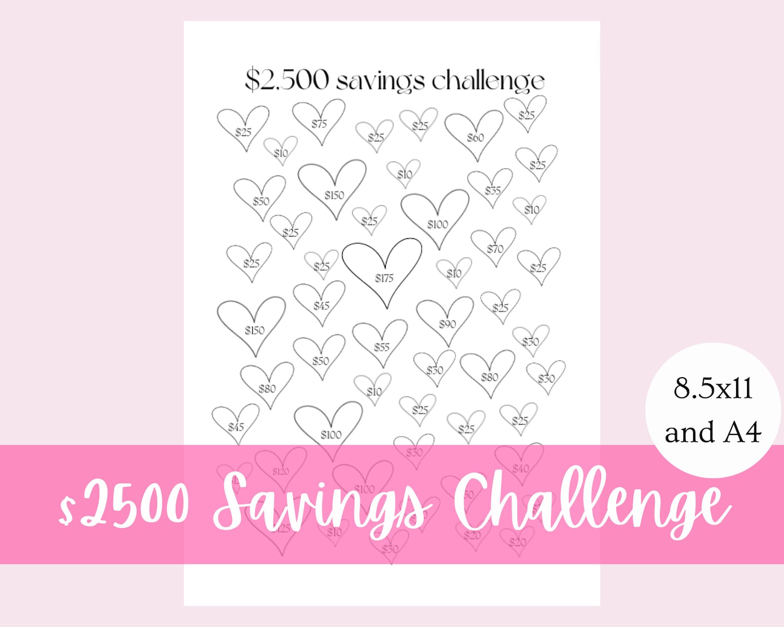 Printable Annual Savings Challenge 2,500 Hearts 52 Week Savings Tracker ...
