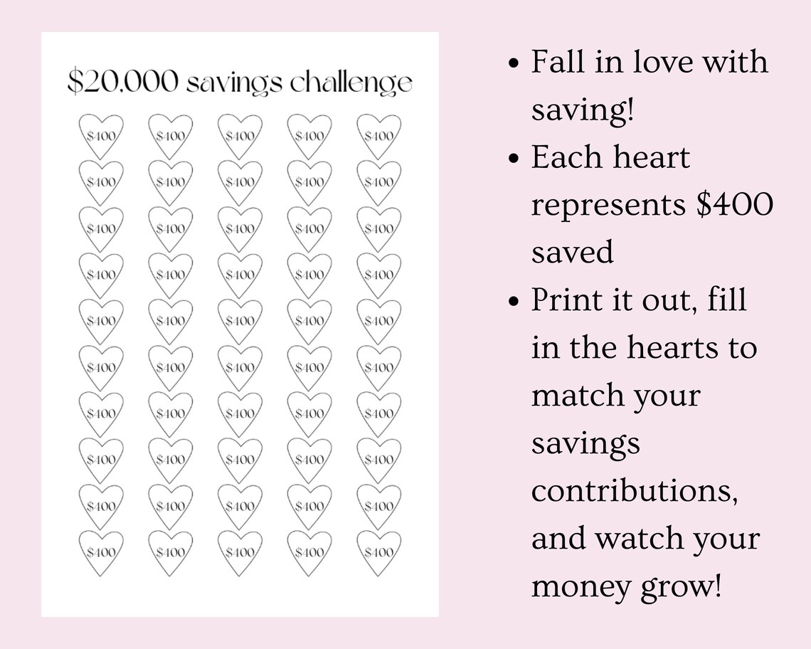 Cute Printable Savings Challenge 20,000 Hearts Super Simple Savings ...
