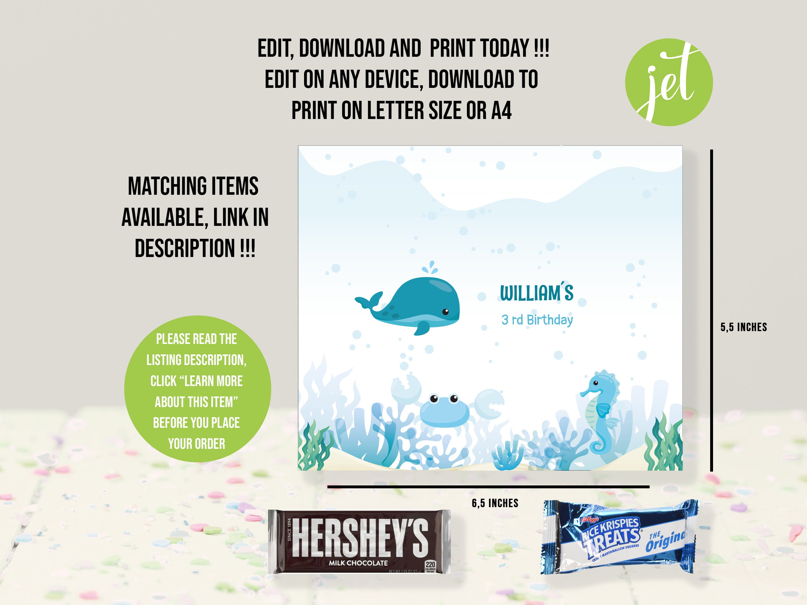Under the Sea, Editable Chocolate Candy Bar Wrapper, Krispie Bar ...
