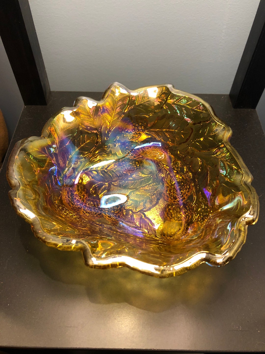 Vintage Carnival Iridescent Orange Glass Leaves Berries Triangular 7 ...