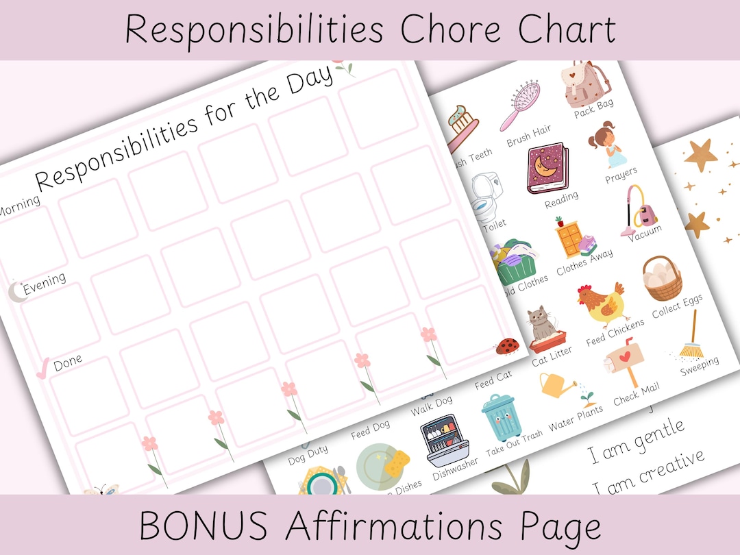 Daily Responsibilities Chore Chart - Morning Evening Routine Pink ...