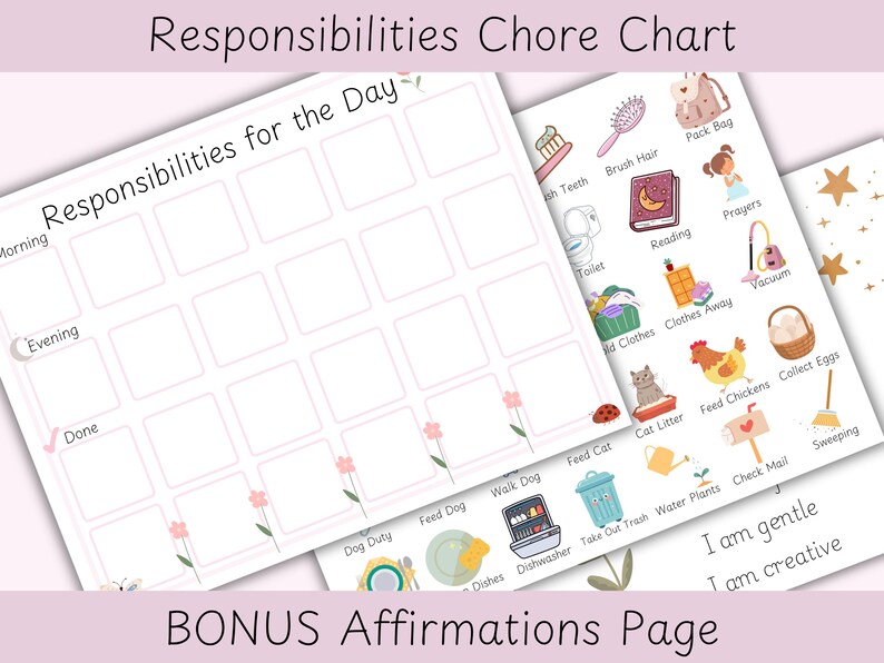 Daily Responsibilities Chore Chart - Morning Evening Routine Pink ...