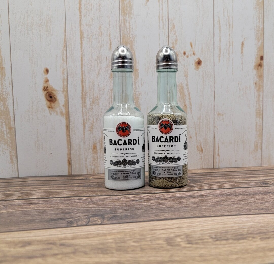 Salt and Pepper Shaker Set, Upcycled Mini Rum Liquor Bottles, Salt and ...