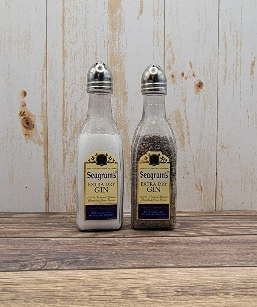 Salt and Pepper Shaker Set, Upcycled Mini Gin Liquor Bottles, Salt and ...