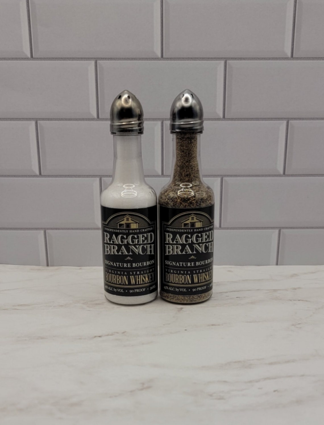 Salt and Pepper Shaker Set, Upcycled Mini Liquor Bottles, Bourbon ...