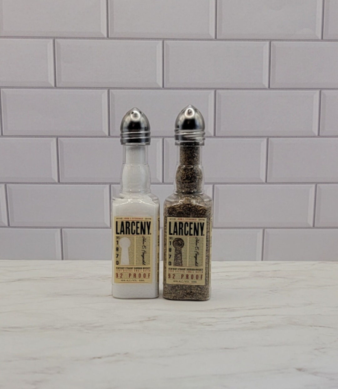 Salt and Pepper Shaker Set, Upcycled Mini Liquor Bottles, Bourbon ...