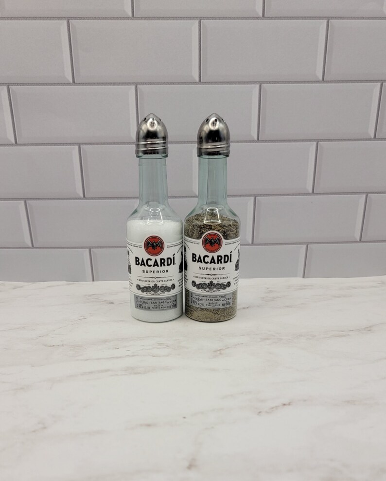Salt and Pepper Shaker Set, Upcycled Mini Rum Liquor Bottles, Salt and ...