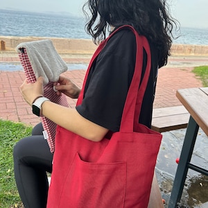 Tote Bag / Shopping Bag | Red Shoulder Bag | Red Linen Tote Bag ...