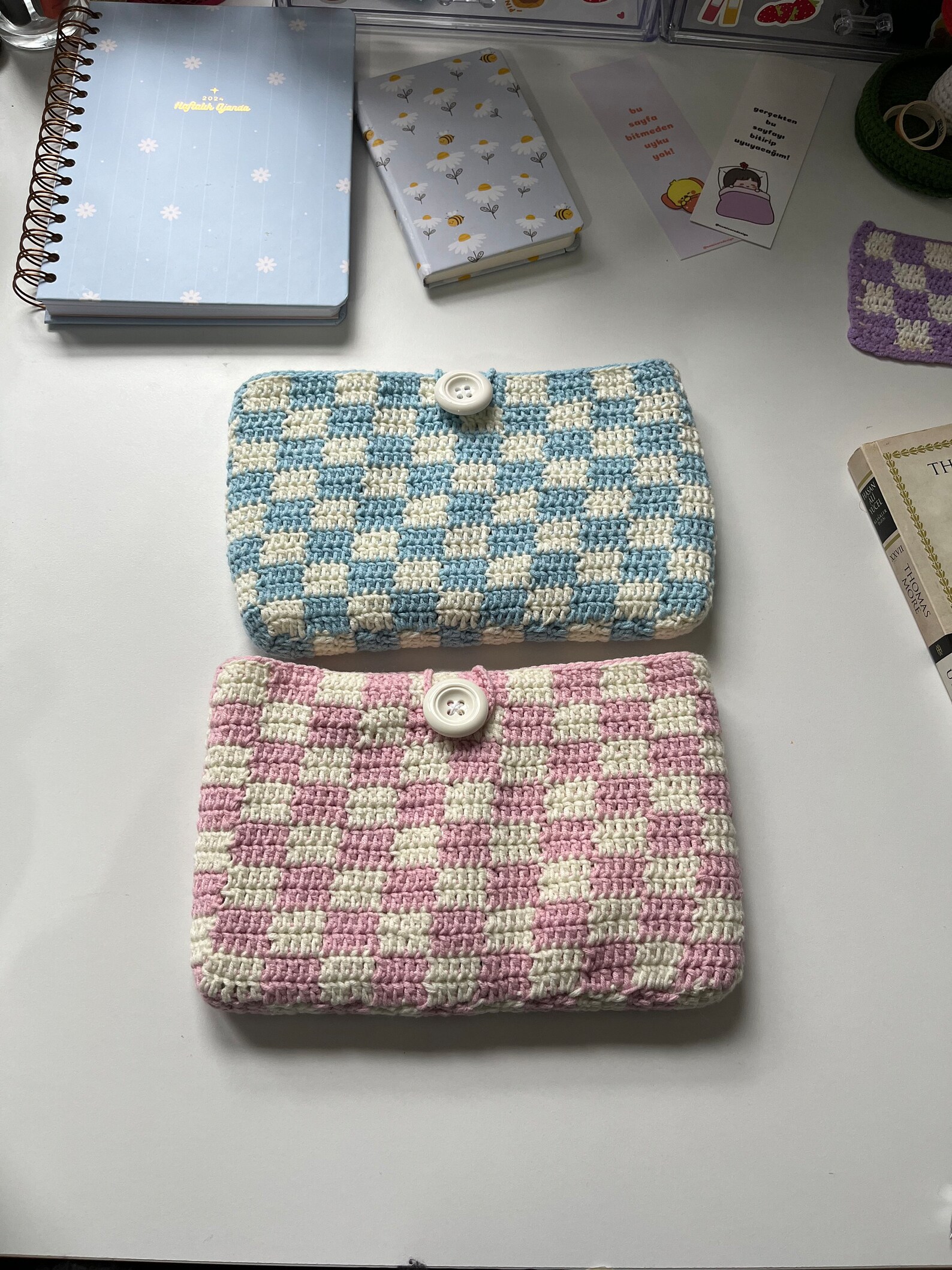 Crochet Checkered Book Sleeve,pink and Blue Gingham Crochet Book Cover ...