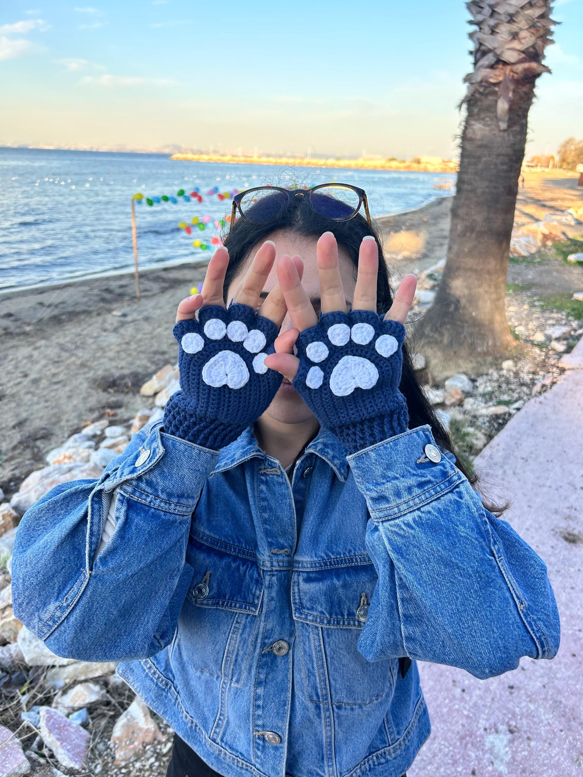 Crochet Cat Paw Mittens Fingerless Gloves, Cute Gift for Cat Lovers ...