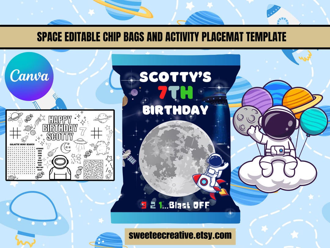 Editable Astronaut Outer Space Theme Chip Bag and Activity Placemat ...