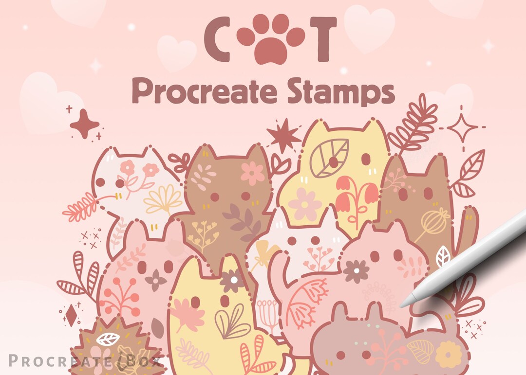 Kawaii Procreate Cat Stamps | Botanical Cat Procreate Brushes | Cute ...