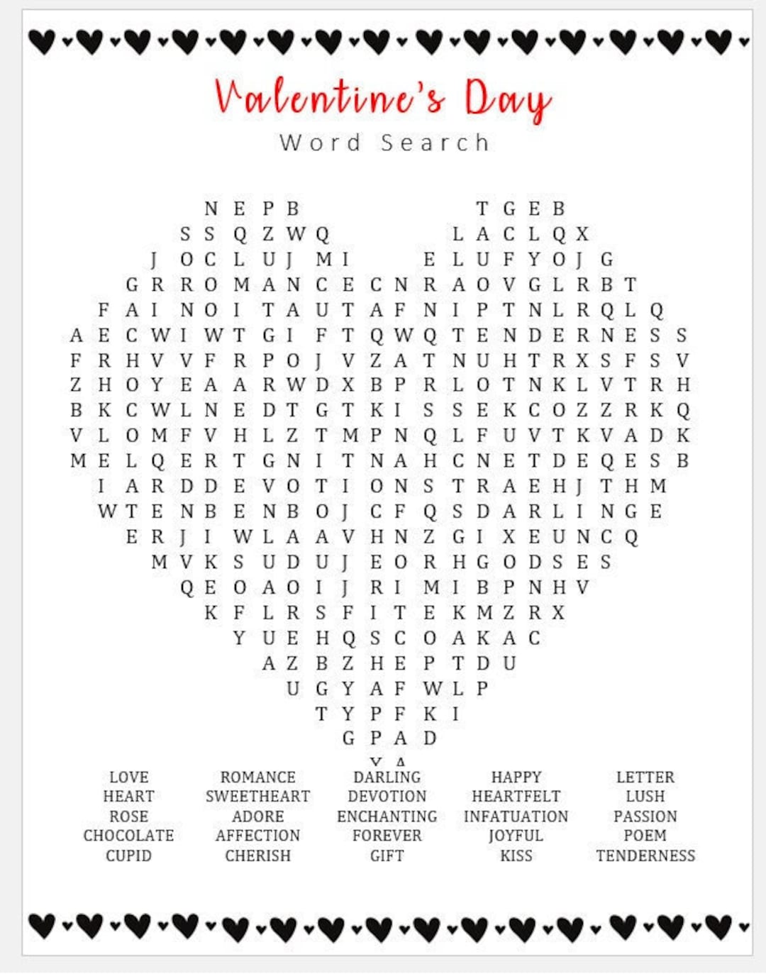 Valentines Day Word Search Heart Shape - Etsy