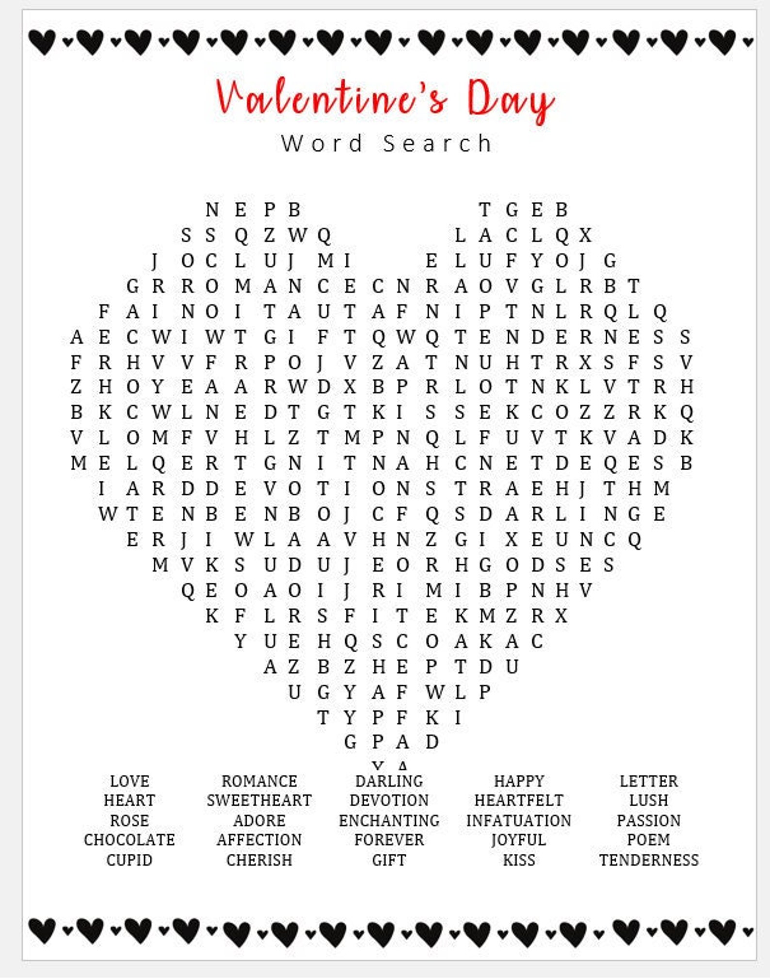 Valentines Day Word Search Heart Shape - Etsy