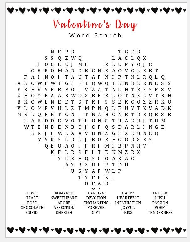 Valentines Day Word Search Heart Shape - Etsy
