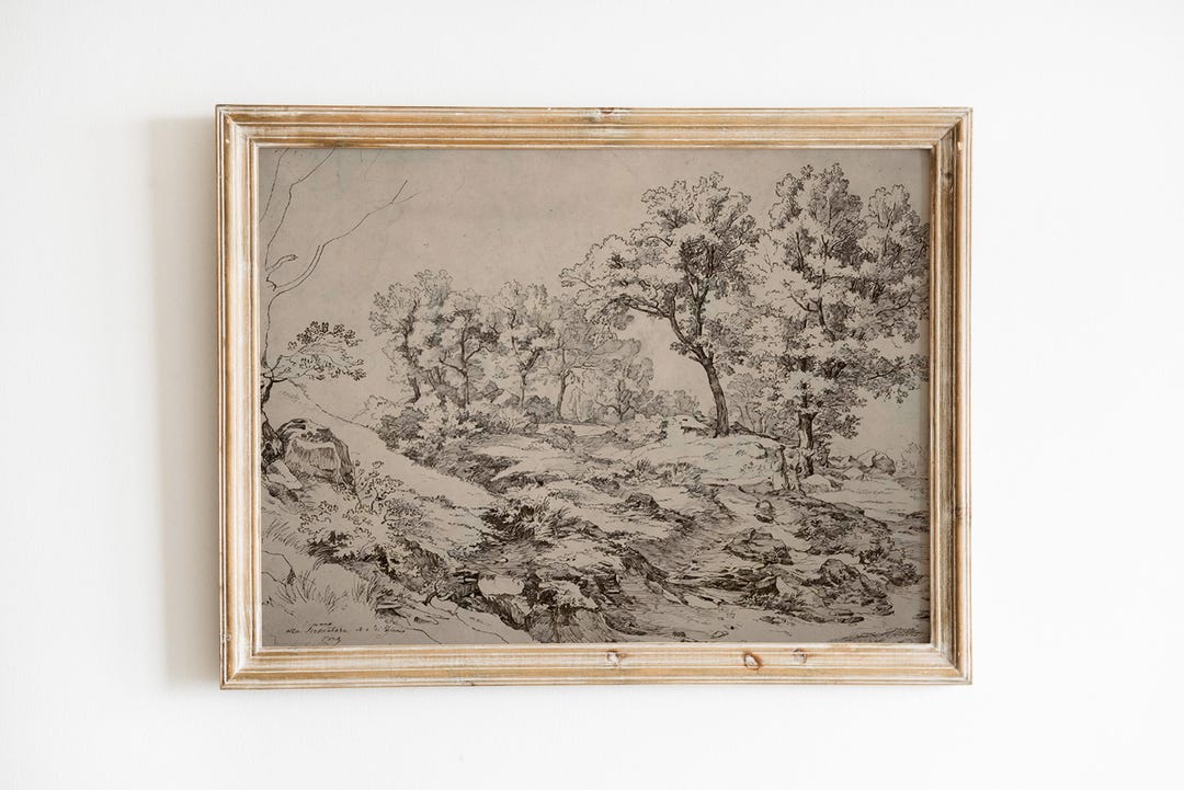 Antique Landscape Drawing, Vintage Neutral Landscape Sketch, Vintage ...