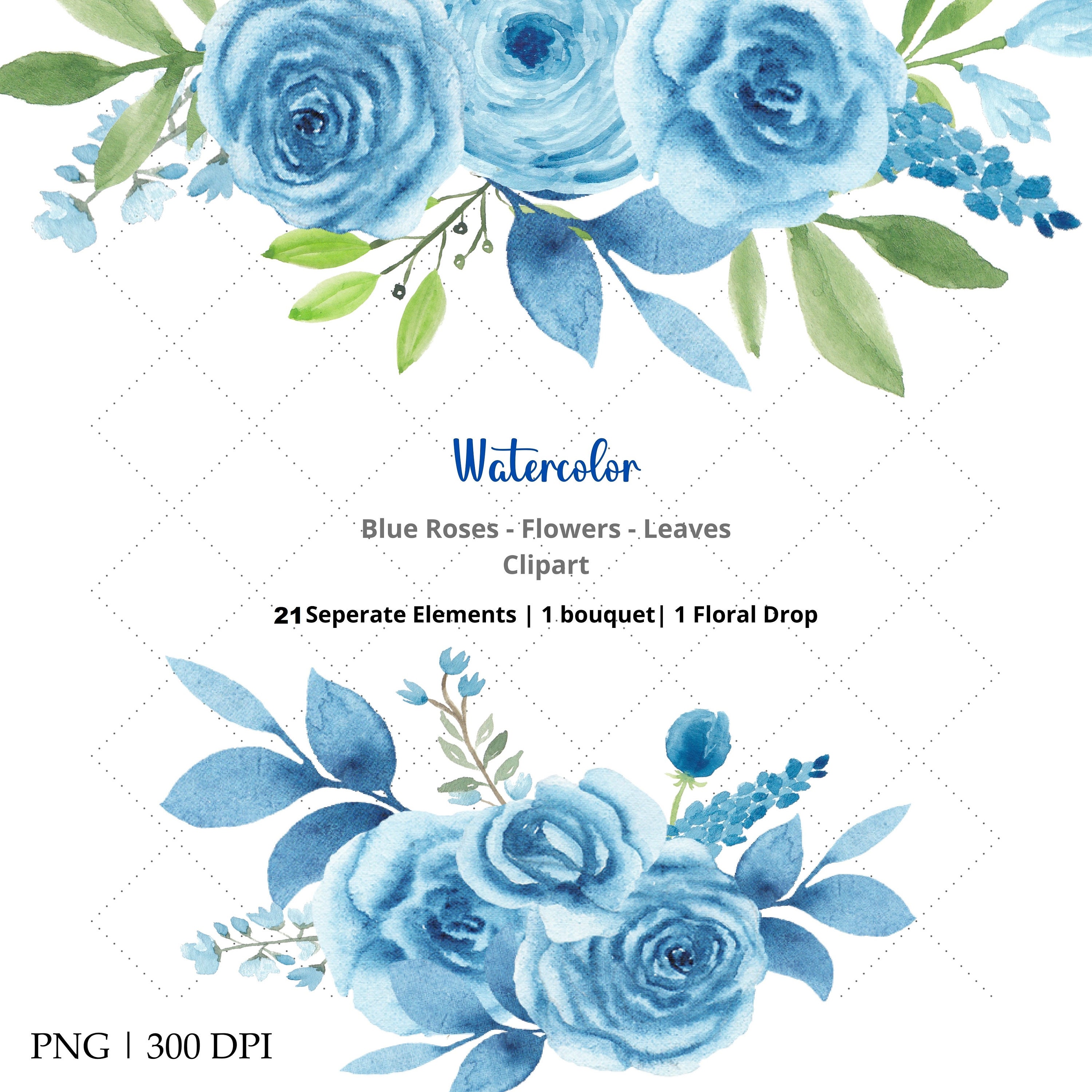 Flores de acuarela azul Clipart, Rosas azules, Rosas de boda, 1 ramo, 1 ...