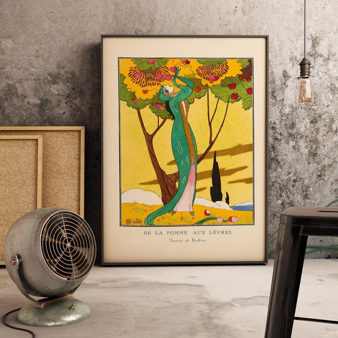 Vintage Fashion Illustration Art, Young Woman Picking Apples, Vintage ...