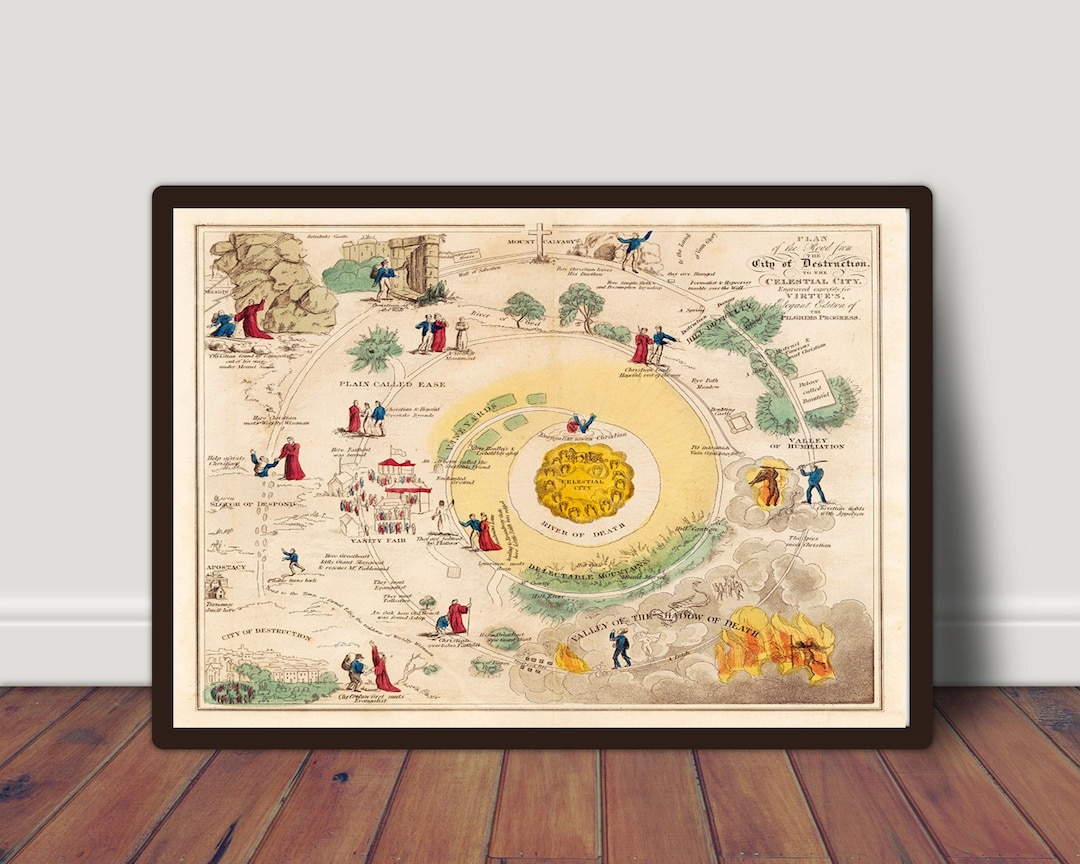 The Pilgrim's Progress Map 1850 Print, Vintage Home Decor, Antique ...